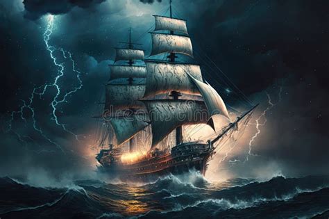 Sailing In A Storm Ship On Dark Sea Against Backdrop Of Lightning And