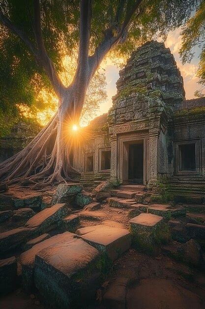 Stone Pathway Through Ancient Temple Ruins Golden Sunrise Premium Ai