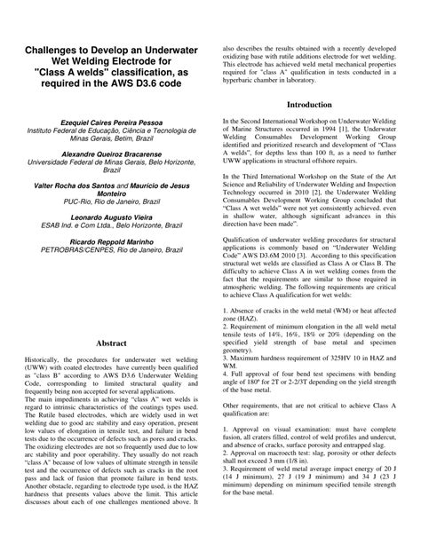 Pdf Challenges To Develop An Underwater Wet Welding Electrode For Class A Welds