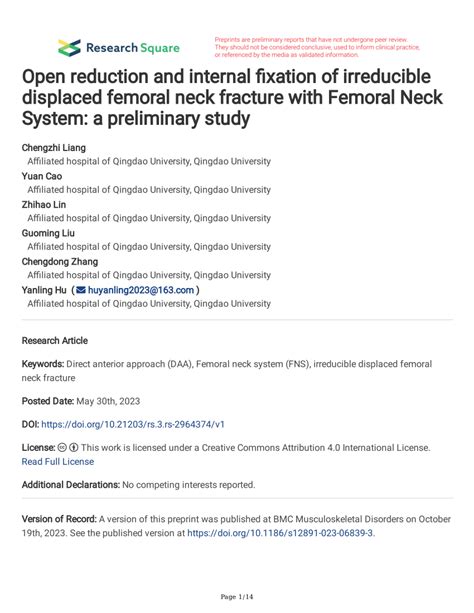 Pdf Open Reduction And Internal Fixation Of Irreducible Displaced Femoral Neck Fracture With