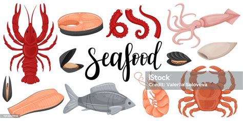 해산물 세트 생 오징어 문어 붉은 생선 필레 홍합 게 가재 도살 오징어 연어 스테이크 플랫 만화 스타일의 컬렉션 흰색 배경에서