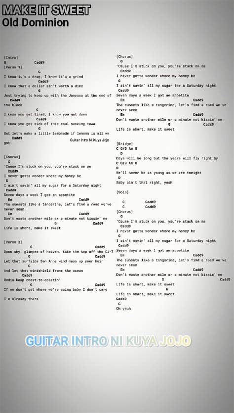 Guitar Intro Ni Kuya Jojo Make It Sweet Old Dominion Guitar Chords And Lyrics Facebook