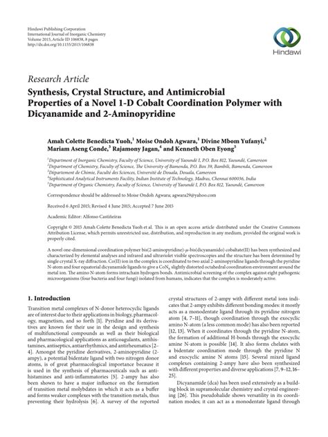 Pdf Synthesis Crystal Structure And Antimicrobial Properties Of A Novel 1 D Cobalt