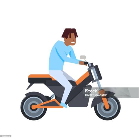 아프리카 남자 흰색 배경 위에 전기 스쿠터를 타고입니다 오토바이 개념 만화 전체 길이 문자입니다 평면 스타일 건강한 생활방식에 대한 스톡 벡터 아트 및 기타 이미지 Istock