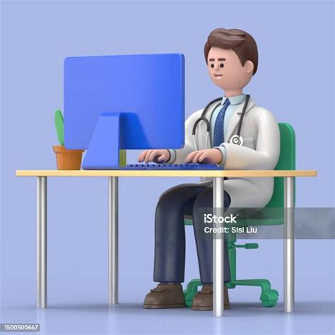 링컨 박사가 노트북 컴퓨터로 작업하고 서류를 쓰는 모습의 3d 그림 병원 배경 파란색 배경에 분리된 의료 프레젠테이션 클립 아트 개념에 대한 스톡 사진 및 기타 이미지