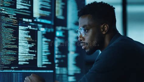Focused Programmer Analyzes Complex Data On Multiple Monitors In A Tech
