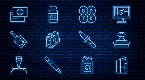 세트 라인 프린터 잉크 병 스탬프 Cmyk 색상 혼합 카트리지 페인트 브러시 명함 파이펫 및 아이콘 벡터 Cmyk에 대한 스톡