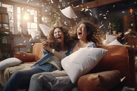 Premium Photo Playful Lesbian Couple Having A Pillow Fight In Generative Ai