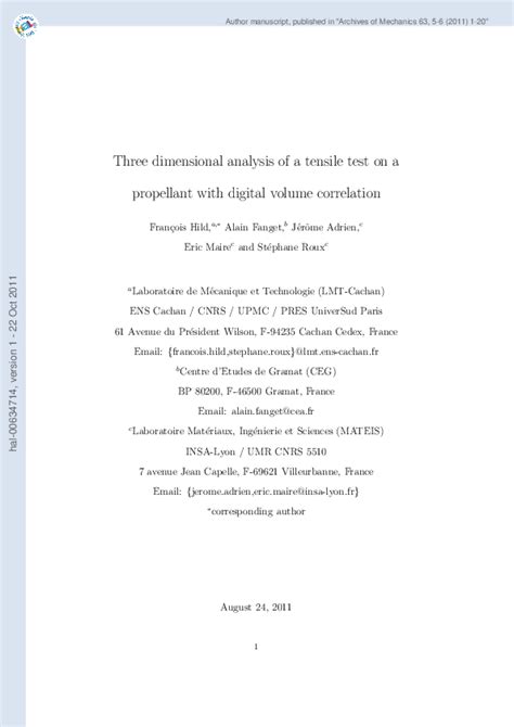 Pdf Three Dimensional Analysis Of A Tensile Test On A Propellant With Digital Volume Correlation
