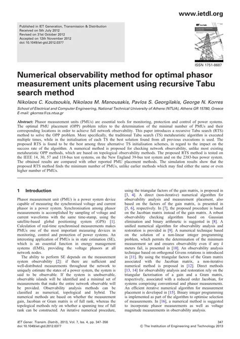 Pdf Numerical Observability Method For Optimal Phasor Measurement