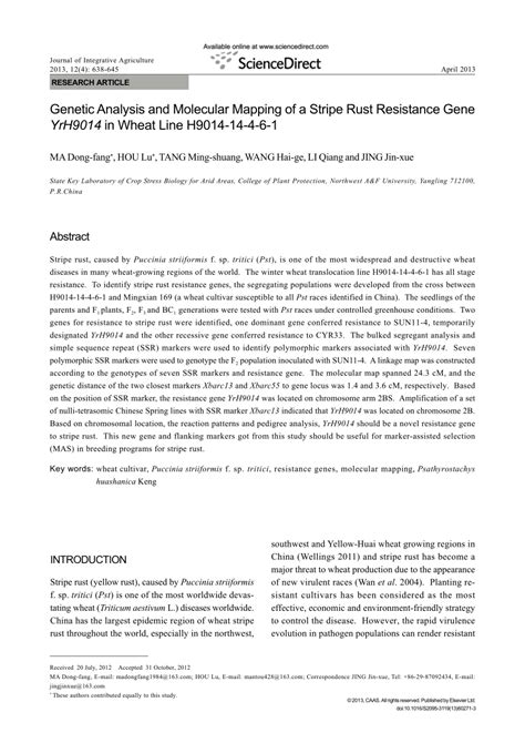 Pdf Genetic Analysis And Molecular Mapping Of A Stripe Rust Resistance Gene Yrh9014 In Wheat