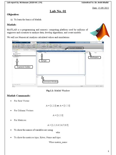 Lab No1 Pdf Matrix Mathematics Matlab