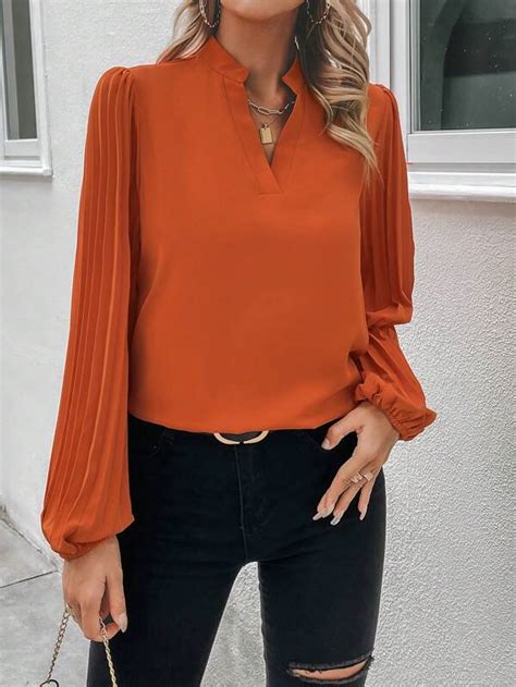 Shein Clasi Notched Neckline Pleated Lantern Sleeve Blouse Shein Usa