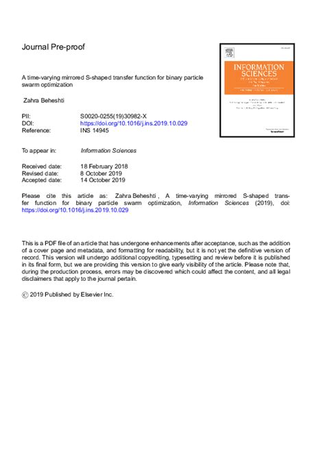 Pdf A Time Varying Mirrored S Shaped Transfer Function For Binary Particle Swarm Optimization