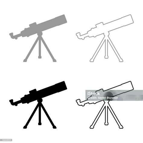 망원경 과학 도구 교육 천문학 장비 세트 아이콘 회색 검은 색 벡터 일러스트 이미지 플랫 스타일 솔리드 필 윤곽 선 얇은 감시에