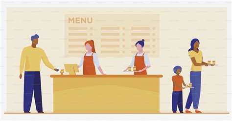 패스트푸드점 카운터 계산대 계산원 메뉴 트레이가 있는 고객 평면 벡터 그림 카페 식당 배너 웹사이트 디자인 또는 랜딩 웹 페이지를 위한 식사 개념 벡터