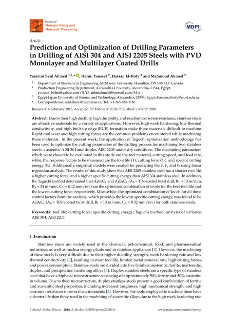 Pdf Prediction And Optimization Of Drilling Parameters In Drilling Of Aisi 304 And Aisi 2205