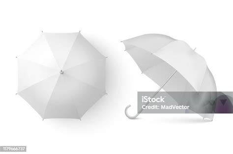 벡터 3d 사실적인 렌더링 흰색 빈 우산 아이콘 설정 닫닫기 흰색 배경에 격리 모형 브랜딩 광고 등을 위한 열린 파라솔의 디자인 템플릿 상단 및 전면 뷰 우산에 대한 스톡