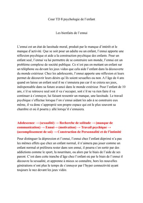 Td Psychologie De Lenfant L1 Staps Cour Td 8 Psychologie De Lenfant Les Bienfaits De Lennui