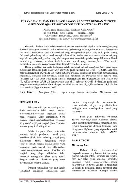 Pdf Perancangan Dan Realisasi Bandpass Filter Dengan Metode Open Loop Square Resonator Untuk