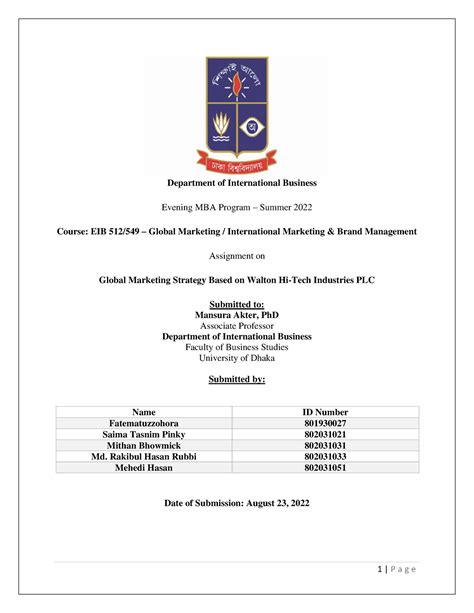 Global Marketing Group Assignment Department Of International Business Evening Mba Program