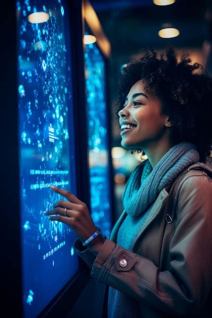 Premium Ai Image A Young Woman Searching In Big Screen Tablet In A