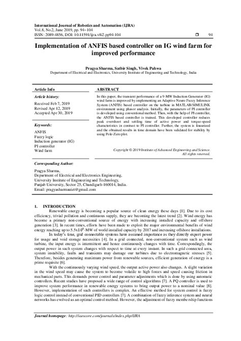 Pdf Implementation Of Anfis Based Controller On Ig Wind Farm For Improved Performance