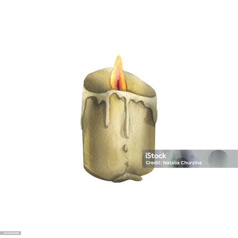 불타는 불꽃 왁스 방울 및 얼룩이있는 간단한 양초 죽은 자의 날 할로윈 Dia De Los Muertos에 대한 손으로 그린 수채화 그림 흰색 배경에 격리된 개체입니다