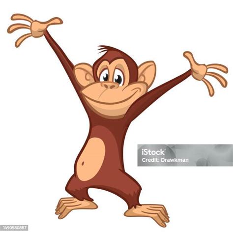 만화 원숭이 침팬지가 보여주거나 발표한다 행복한 원숭이 캐릭터 디자인의 벡터 삽화 고립 가공의 인물에 대한 스톡 벡터 아트 및 기타 이미지 가공의 인물 갈색 거꾸로