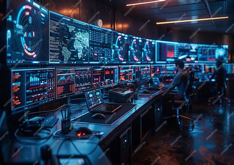 Premium Photo Cybersecurity Command Center Monitors Displayed