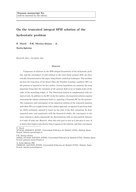 Pdf On The Truncated Integral Sph Solution Of The Hydrostatic Problem