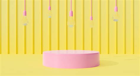 추상 공백 단계입니다 전구가 있는 파스텔 배경에 3d 핑크 포디움 화장품 디스플레이 제품 및 모형 디자인을 위한 3d 렌더링 내부 벽 현대적인 스튜디오 옐로우 룸