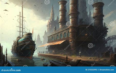 Fantasy Port City Illustration By Generative Ai Stock Illustration Illustration Of View