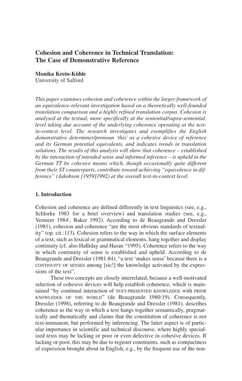 Pdf Cohesion And Coherence In Technical Translation The Case Of Demonstrative Reference