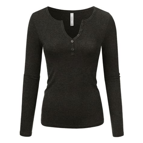 Doublju Womens Long Sleeve Basic Henley Deep V Neck Button Placket T Shirt