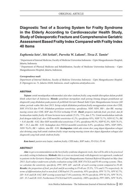 Pdf Diagnostic Test Of A Scoring System For Frailty Syndrome In The Dokumentips