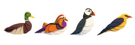 흰색 배경에 고립 된 추상적 인 새들의 세트 오리 퍼핀 오리올 만화 공예 종이 컷 스타일의 창조적 인 3d 개념 다채로운 최소한의 캐릭터 벡터 일러스트레이션 바다오리 바다