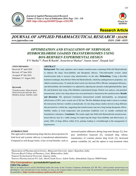 Pdf Optimization And Evaluation Of Nebivolol Hydrochloride Loaded Transferosomes Using Box