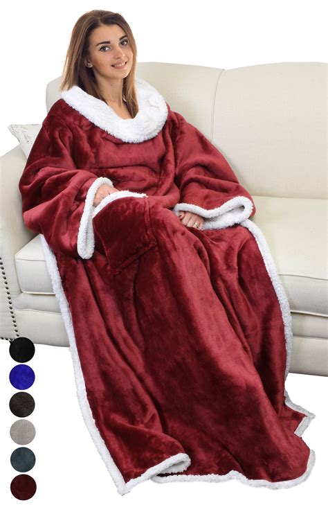 Sherpa Fleece Wearable Blanket With Sleeves And Pocket Micro Plush Warm Comfort Sleeved Tv