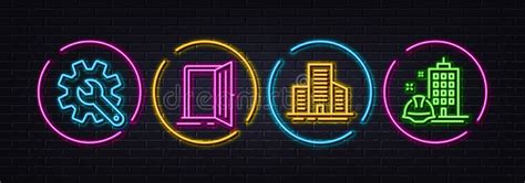 Buildings Open Door And Customisation Minimal Line Icons For Web Application Printing Neon