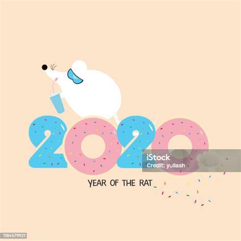 칵테일과 도넛에서 숫자 2020 귀여운 만화 쥐 베이지 색 배경에 안경에 멋진 마우스 새해 복 과 크리스마스 쥐의 해 2020 휴일 인사말 카드입니다 플랫 벡터 그림입니다