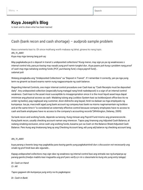 Cash Bank Recon And Cash Shortage Audprob Sample Problem Kuya Josephs Blog Pdf