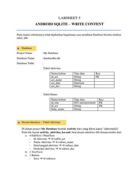 Labsheet 5 Sqlite Writecontent Pdf Java Programming Language Databases