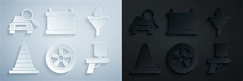 자동차 바퀴 깔때기 또는 필터 및 모터 오일 드롭 트래픽 콘 페인트 스프레이 건 배터리 및 검색 아이콘을 설정합니다 벡터 3차원 형태에 대한 스톡 벡터 아트 및 기타 이미지