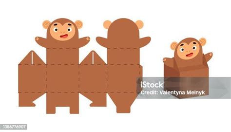 과자 사탕 작은 선물에 대한 귀여운 파티 호의 상자 원숭이 디자인 어떤 목적을 위한 패키지 템플릿 생일 베이비 샤워 크리스마스 인쇄 잘라내기 접기 접착제 벡터 스톡