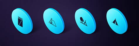 플래그가 있는 아이소메트릭 투어리스트 텐트를 설정하고 성냥갑을 열고 아이콘을 엽니다 벡터 3차원 형태에 대한 스톡 벡터 아트 및 기타 이미지 3차원 형태