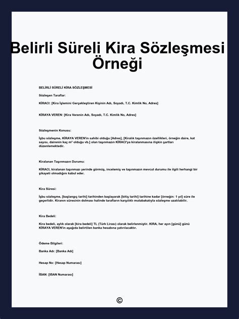 Belirli Süreli Kira Sözleşmesi Örneği