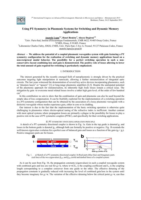 Pdf Using Pt Symmetry In Plasmonic Systems For Switching And Dynamic Memory Applications