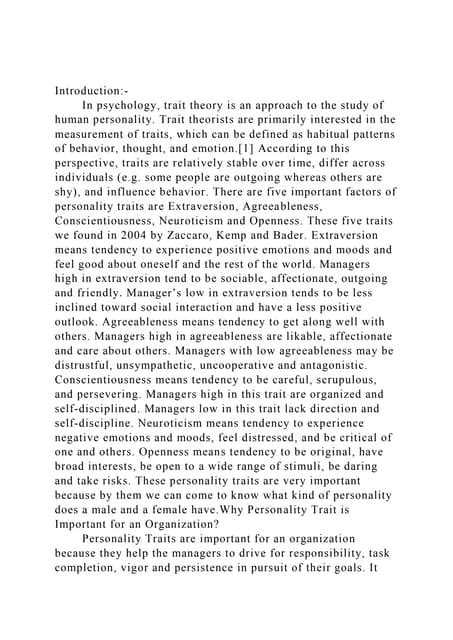 Introduction In Psychology Trait Theory Is An Approach To The Docx