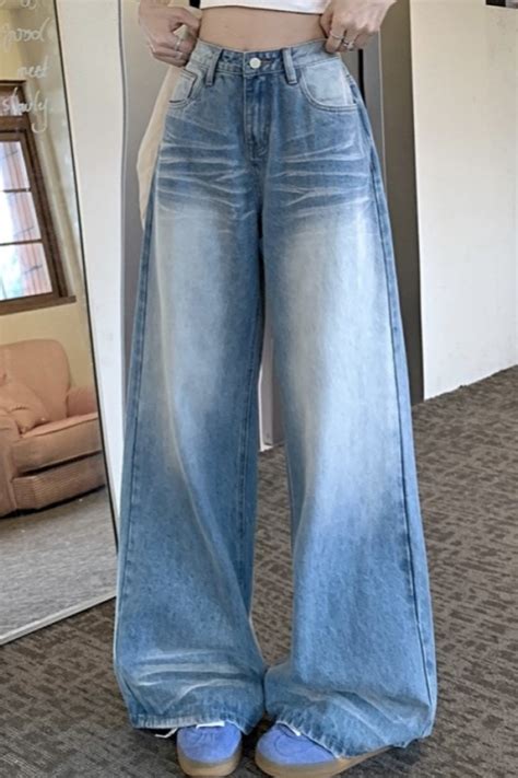 핑크프릴 로나 하이웨스트 라이트 블루 플레어 와이드 청바지